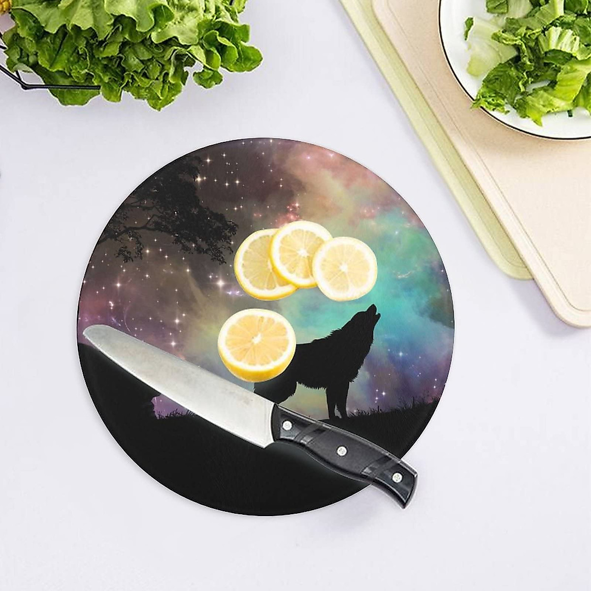 Bagea-Ka Space Starry Galaxy Wolf Animal Pattern Tempered Glass Cutting Board 8" Round Kitchen Decorative Chopping Board Small