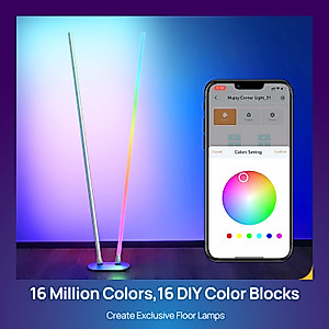 mujoy 60" RGBWW Corner Floor Lamp with Rotatable 2-Light Bar, Modern Floor Lamp Work with Alexa & Google Assistant, WiFi APP, Music Sync, 20 Scene, Ambiance Standing Lamp for Living Room, Gaming Room
