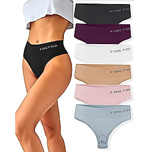 FINETOO 6 Pack High Waisted Thongs for Women, Nylon Spandex Panties Breathable Soft Stretchy Underwear High Rise S-XL (L)