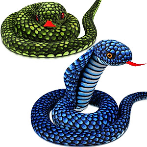 Zhanmai 2 Pack 43 Inches Cobra Snake Animal Plush Toy Large Realistic Cobra Snake Plush Stuffed Animal Toy Naja Cobra Plush Toys Snake for Birthday Party Gifts Prank Props(Green, Blue)