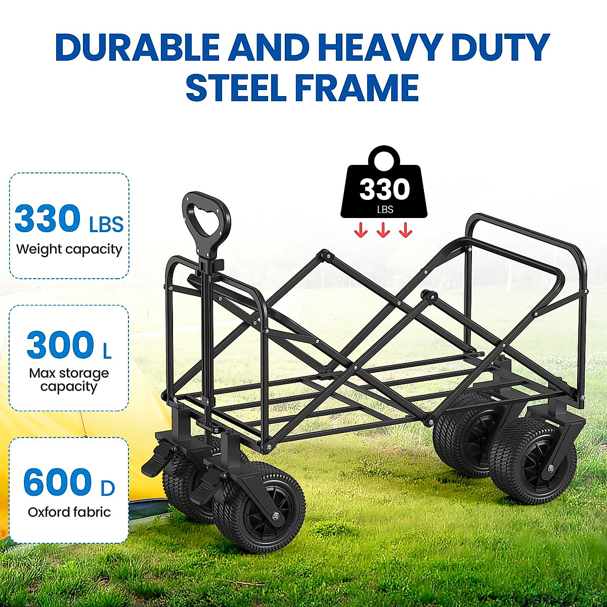 OFFBAIKU Collapsible Folding Wagon with 330lbs Weight Capacity Wagon Cart Heavy Duty Foldable with Big All-Terrain Wheels Beach Wagon Utility for Beach,Sand,Camping,Black