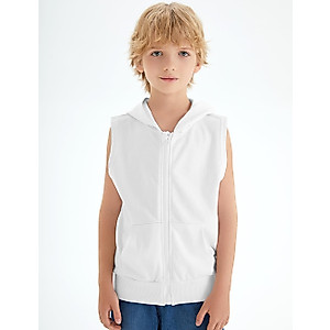 Spring&Gege Boys’ Full Zip Sleeveless Hooded Vest Basic Solid Zipper Tank Tops Hoodie with Pockets, White, Size 7-8 Years
