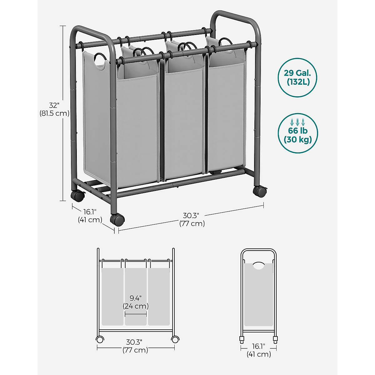 SONGMICS 3-Section Laundry Sorter, Laundry Basket with Wheels, Laundry Hamper with 3 Bags, Laundry Room Organizer, Removable Laundry Bag with Handles, Lockable Wheels, Gray ULSF003GS