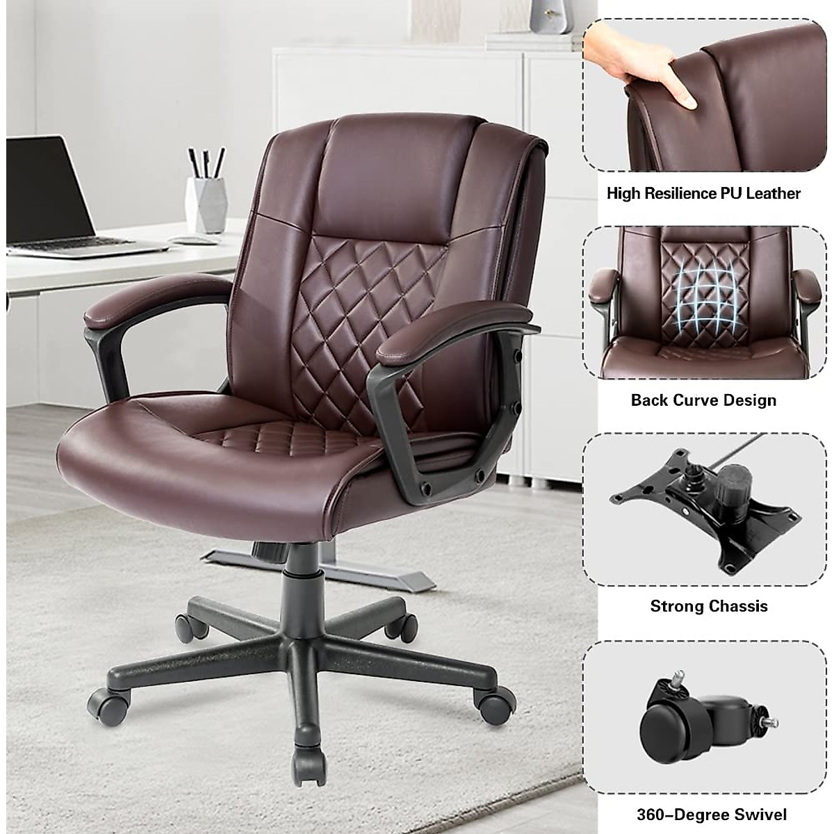 Qulomvs Executive Office Chair Mid Back, Ergonomic Office Desk Chair with Wheels Back Support, Computer Task Work Chair with Arms 360 Swivel (Brown)