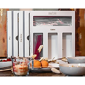 EDGE LINE White Bamboo Ziplock 6 Slot Storage Organizer - Food Storage Bags Organizer with 3 Doors - Kitchen Plastic Bags Storage - Gallon, Quart, Sandwich, Snack, Plastic Wrap, and Aluminum Foil