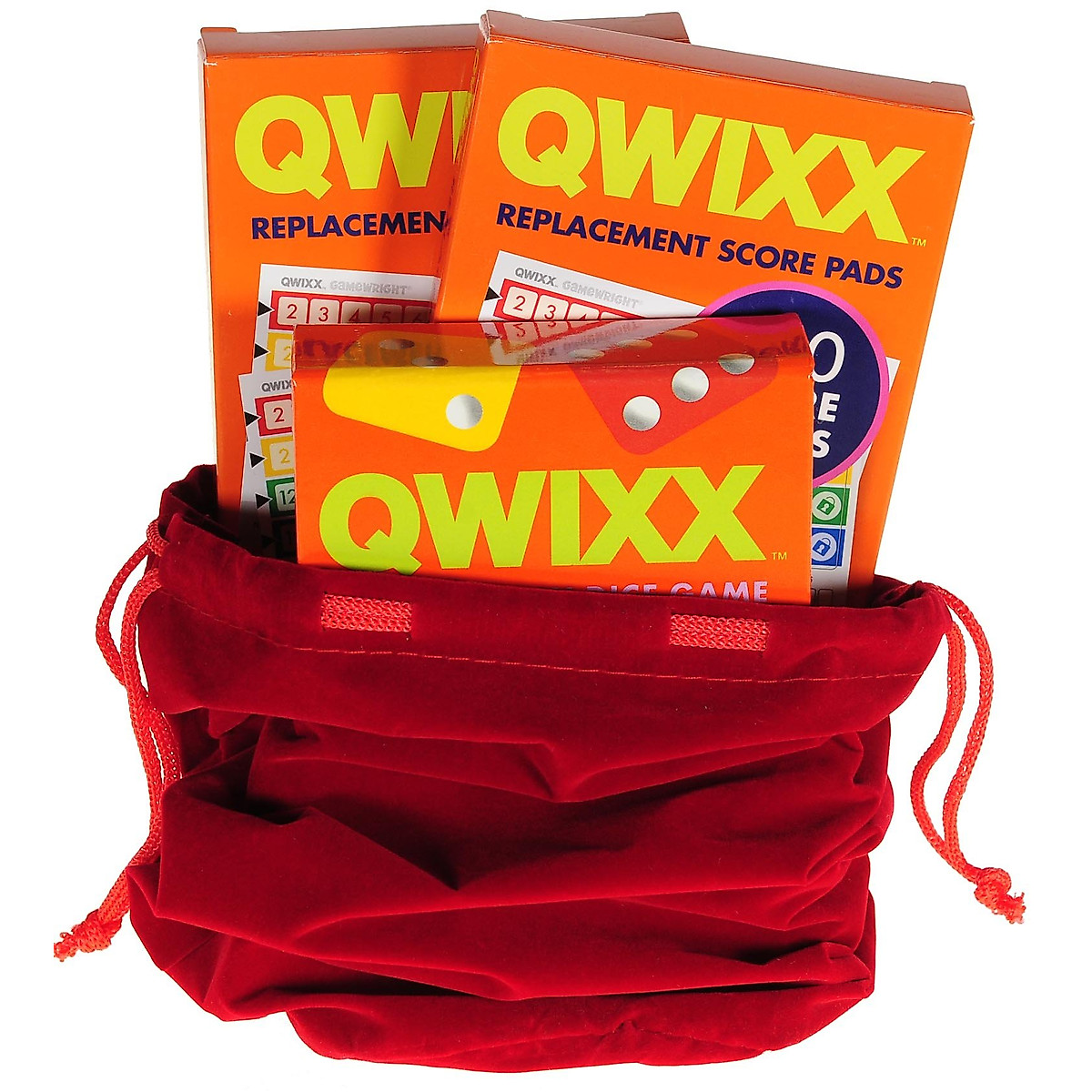 Deluxe Games and Puzzles QWIXX Dice Game, 2 Replacement Scoresheet Packs, RED Velvet Drawstring Pouch, Bundled Items