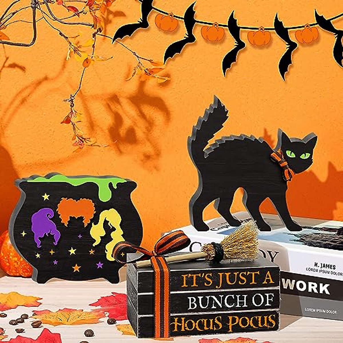 5PCS Halloween Wooden Signs Hocus Pocus, Decorative Wooden Faux Books Stack Black Cat Wood Table Signs, Cauldron Witches Sisters Halloween Tiered Tray Decor for Halloween Party Home Decorations