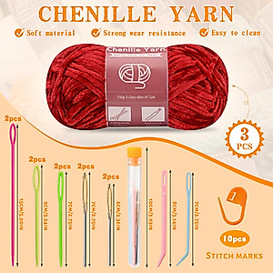 LUNARM Chenille Yarn for Crocheting Knitting, 3 Skein 263 Yard Thick Soft Chunky Fluffy Weaving Plush Yarn for Blankets Clothes Pattern Creations with Big Eye Needles (Dark Red)