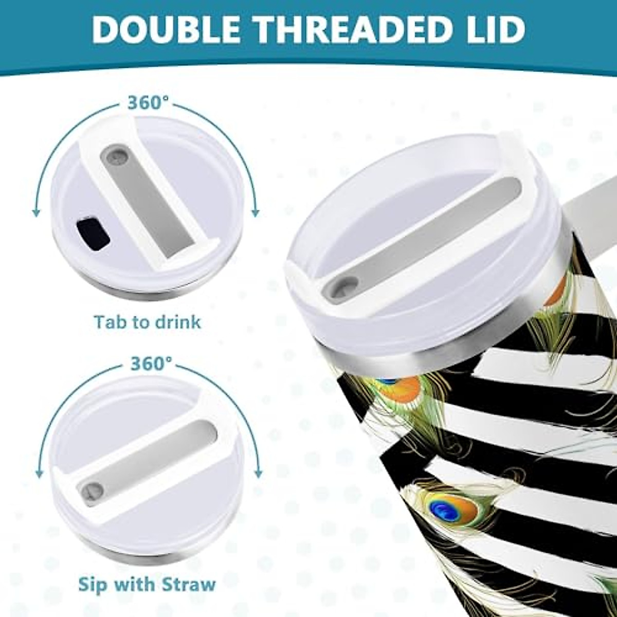 RPLIFE Vibrant Peacock Feathers Black White Striped Coffee Tumbler, Stainless Water Bottle, Cup with Lid