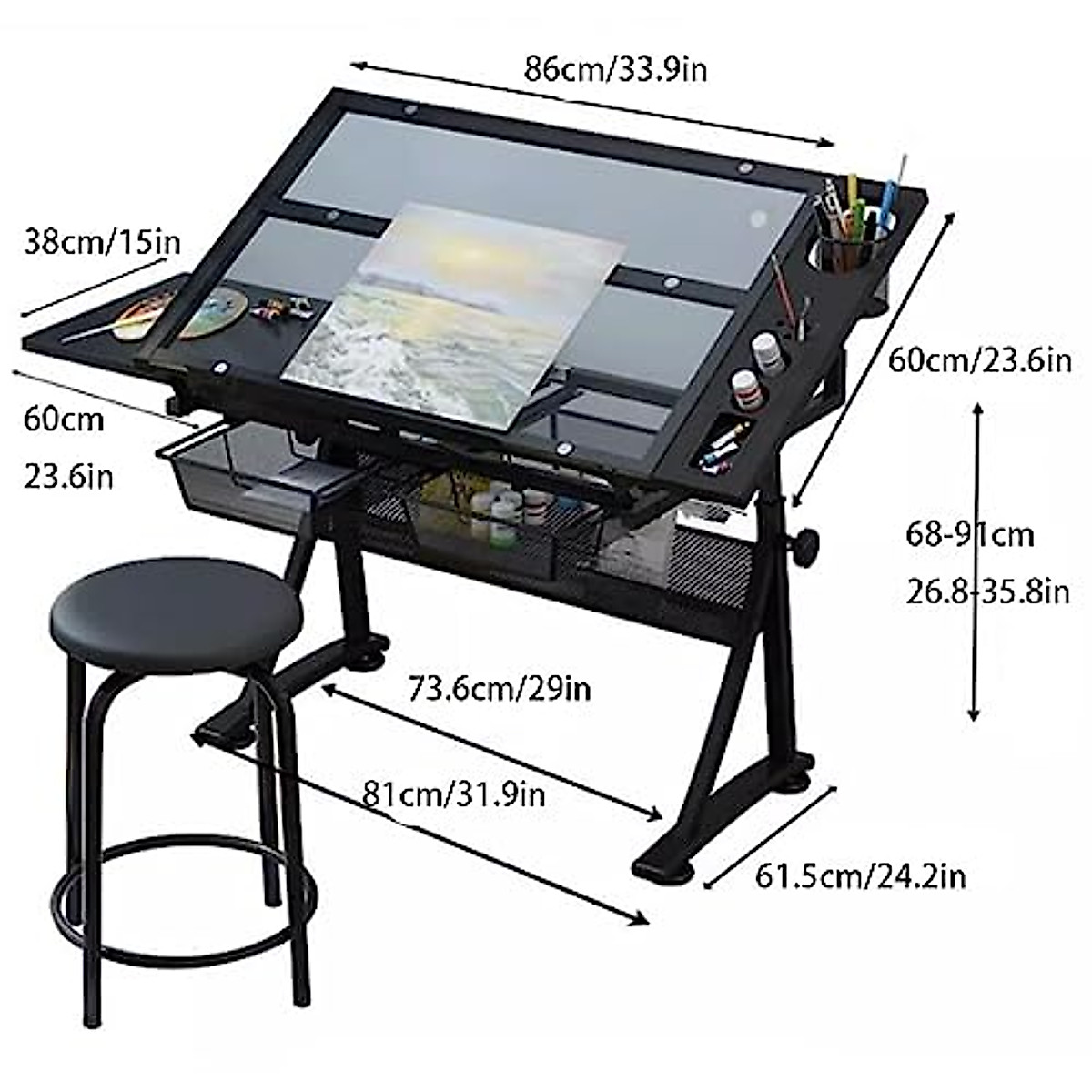 TeMkin 2 Storage Drawers and Stool Drafting Table Drawing Desk Height Adjustable Craft Table for Home Office School Study Room (Color : Glass)