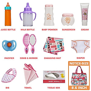 14 Pack Baby Doll Accessories, Baby Doll Feeding and Caring Set Includes Diaper Bag, Doll Diapers, Magic Bottle, Changing Mat for Girl Toddler Kid, Babies Pretend Play Set for Birthday Gift Christmas