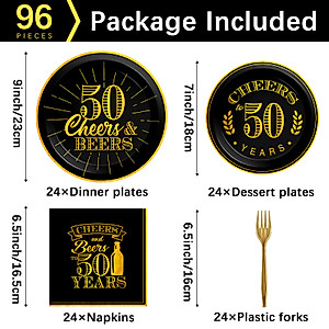 96 Pcs Cheers 50th Birthday Plates and Napkins Party Supplies Cheers to 50 Years Tableware Set 50th Party Birthday Decorations Favors for Men Women for 24 Guests