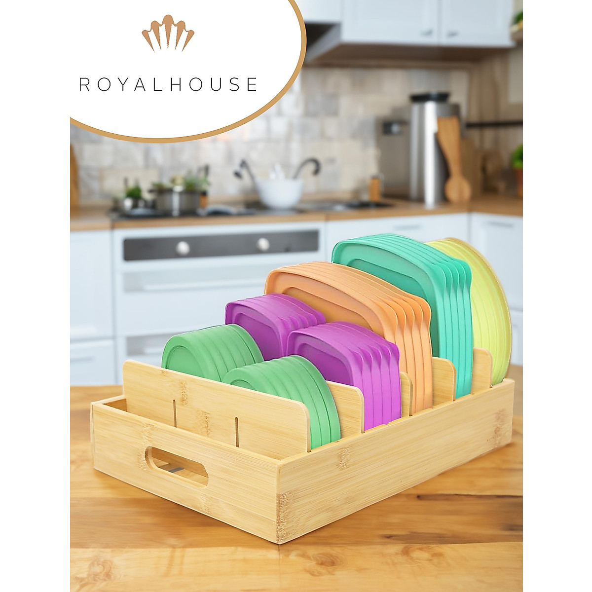 RoyalHouse Bamboo Food Container Lid Organizer with Adjustable Dividers, Box for Kitchen Storage And Organization