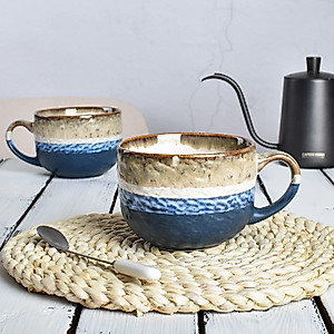 Bosmarlin Jumbo Latte Mugs Set of 2, 16 Oz, Large Stoneware Mug for Coffee, Soup, Cappuccino, Hot Chocolate, Dishwasher and Microwave Safe (Deep Blue, 2)