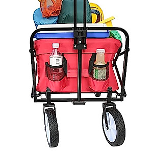 SPEEDFORCE Collapsible Folding Wagon, Utility Beach Wagon Cart, Side Pockets and Adjustable Handlebar, All Terrain Stroller Wagon for Outdoor Activities, Camping, Garden. Red