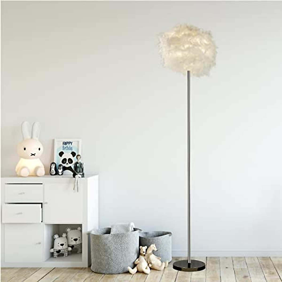 LIGHTACCENTS Feather Floor Lamp with White Shade - Standing Lamp for Living Room - Floor Lamp for Bedroom - Glam Floor Lamp - Chic Feather Shade Polished Chrome Metal Finish