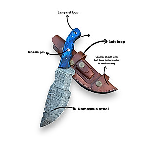 Handmade Hunting Damascus steel Hunting Knife with Genuine Leather Sheath | 10'’ EDC Knife for Men | Fixed Blade Outdoor Knife with Blue Pakka Wood Handle | Damascus Razor Sharp Blade 5212-Blue