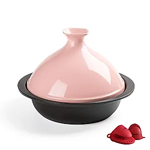 JINXIU Casserole 24Cm Large Cooking Tagine, Professional Moroccan Tajine with Enameled Cast Iron Base and Cone-Shaped Lid, for Different Cooking Styles (Color : Pink)