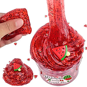 Tonlead Watermelon Crystal Clear Slime with Glitters, 7oz Soft Jelly Slime Non Sticky Premade Clear Crystal Slime for Girls Boys, DIY Cotton Mud Bubble Slime Stretchy Putty Kids Birthday (Red)