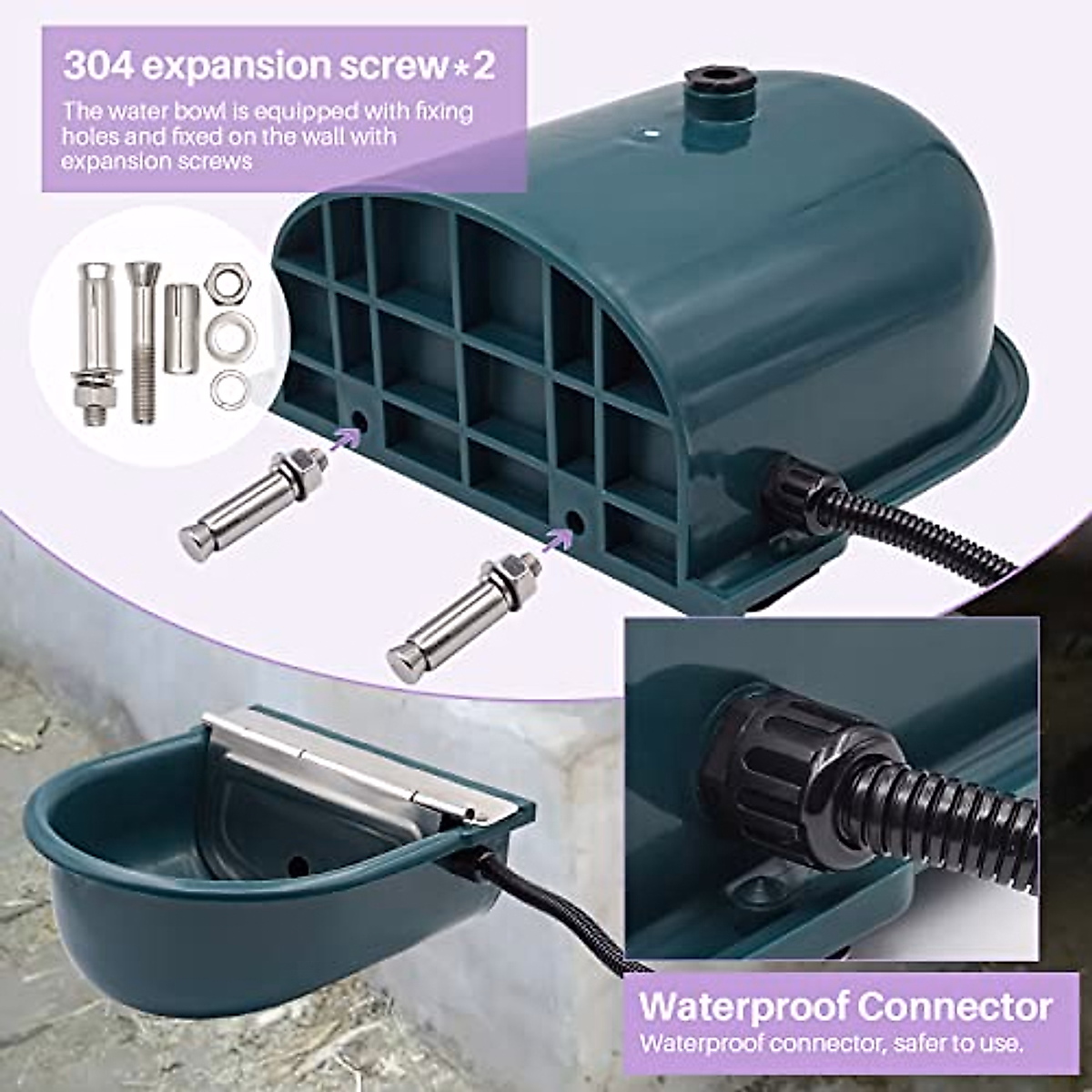 PAULOZYN Heated Livestock Water Bowl Kits Automatic Animals Dog Waterer Trough Outdoors Winter Animals Water Dispenser for Chicken Pet Cattle Horse Pig Cow Goat Sheep, with 2PCS Float Ball Valves