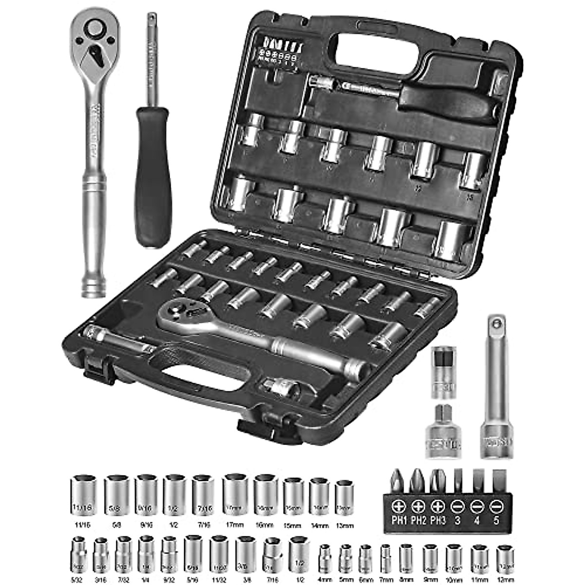 WESCO Socket Wrench Set, Quick Release Ratcheting, 1/4-Inch & 3/8-Inch Drive, SAE/Metric, Cr-V Steel, Mechanic Tool Set with Case, 40 Pieces