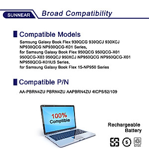 SUNNEAR AA-PBRN4ZU Battery Compatible with Samsung Galaxy Book Flex 930QCG 930QCJ 930XCJ NP930QCG-K01 950QCG-X01 950QCJ 950XCJ NP950QCG NP950QCG-K01US 15.4V 4350mAh 66.9Wh 4-Cell