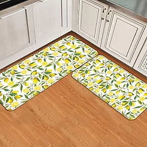 Kitchen Rugs Sets 2 Piece Floor Mats Lemon Tree Tropical Summer Yellow Lemons Fruit Floal Doormat Durable Farmhouse Cushion Area Rugs Washable Runner Carpet Set Non Slip Lemon Kitchen Rug and Mats
