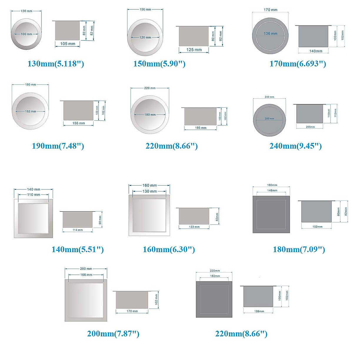 304 Stainless Steel Square Round Built-in Drop in Counter Bench Top Trash Waste Garbage Chute Flip-top Cover Lid Hotel Public (Square 180mm(7.09"))
