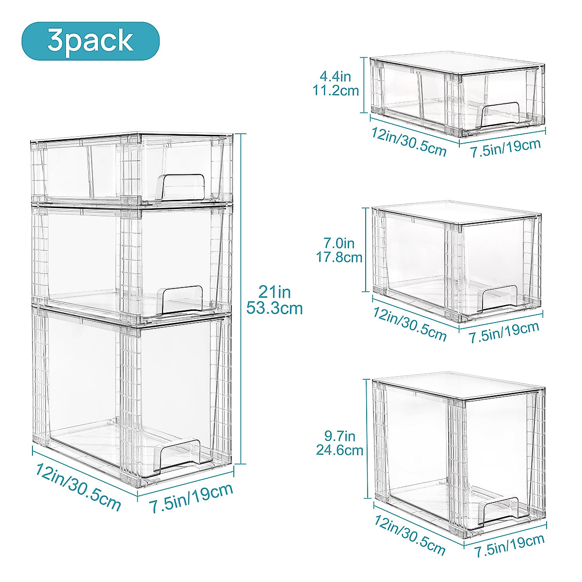 Vtopmart 3 Pack Clear Stackable Storage Drawers,Easy to Assemble Bathroom Organizers and Storage with handles,Plastic storage drawers for Kitchen Pantry,Cabinet,Under Sink Organization
