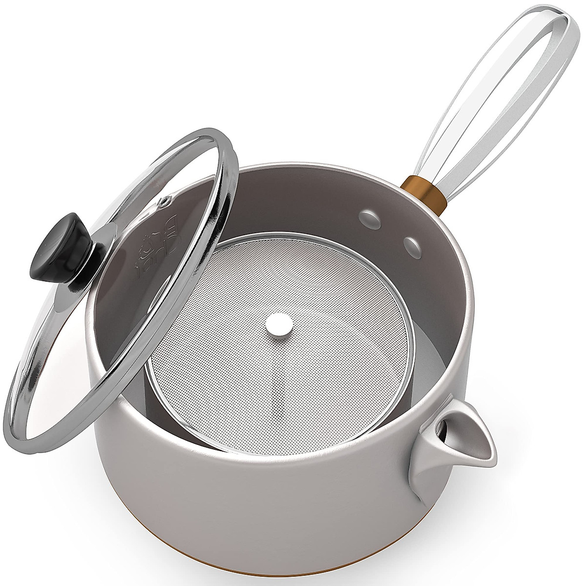 BruChai Brewer - Classic Chai Brewing Pot with Built-In Mesh Strainer - No-Mess Brewing Vessel with Non-Stick Coating - Patented Handy Brew & Pour Steel Teapot with Burn-Proof Handle