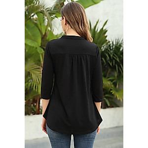 Ninedaily Black Blouses for Women Fashion 2025,Business Casual Dressy Workwear Tops Ladies Elbow Length 3 4 Sleeve Tunic Shirts Mandarin Collar V Neck Formal Professional Blouse Elegant Going Out, M