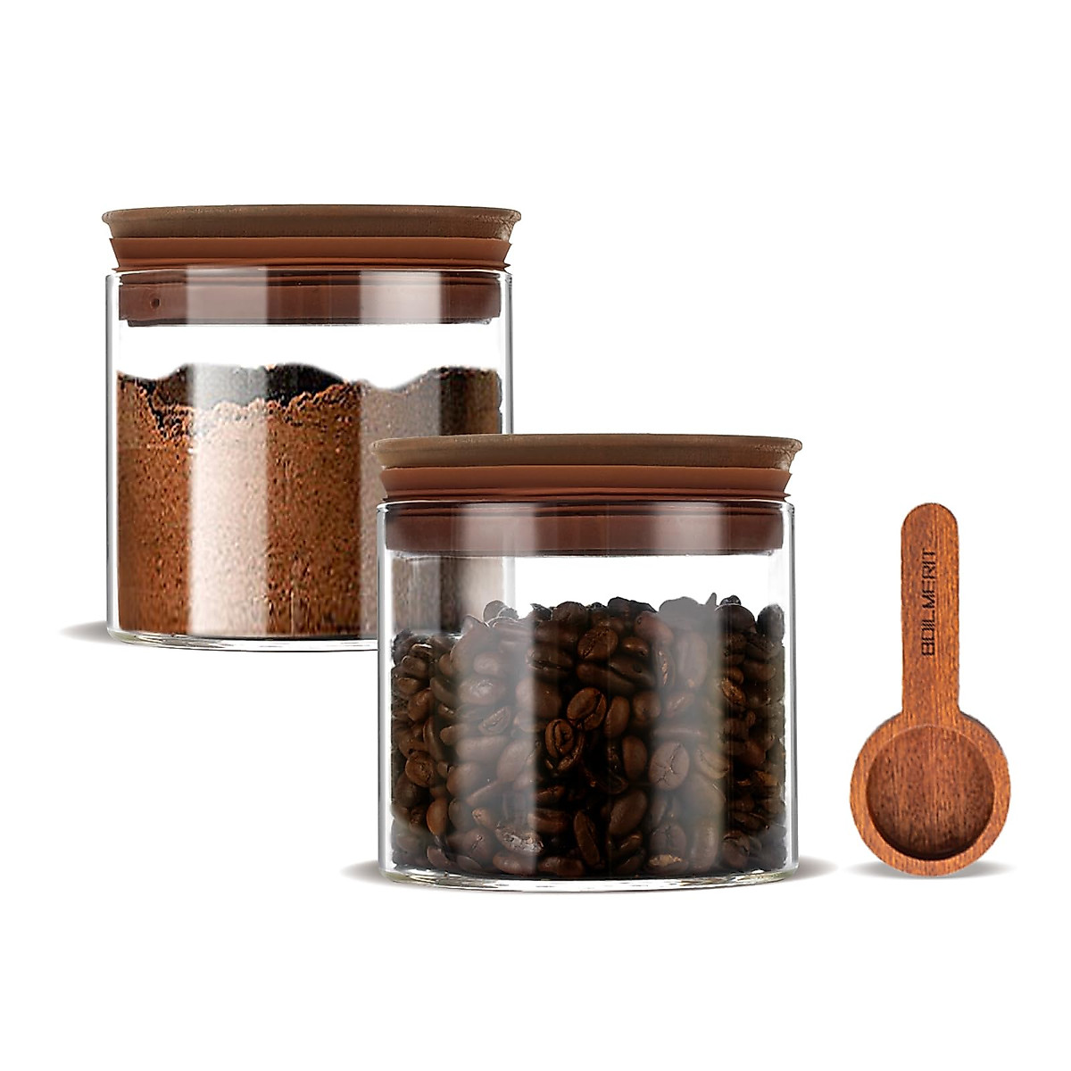 BOILMERIT 500ml Glass Coffee Canister with Wooden Lids and Scoop, Kitchen Coffee Container Set of 2 Hold Up to Total 12 oz of Coffee Bean, Airtight Food Storge Jars for Ground Coffee Bar Cereal Snack
