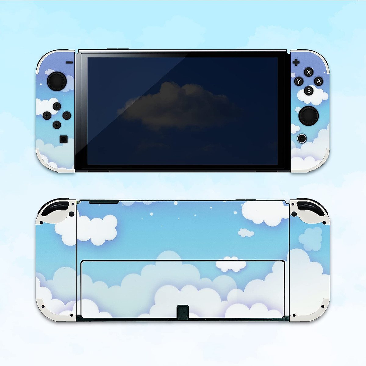 BelugaDesign Clouds Switch Skin | Pastel Sticker Wrap Vinyl Decal | Cute Fluffy Round White Sky Compatible with Nintendo Switch OLED (Switch OLED, Blue)