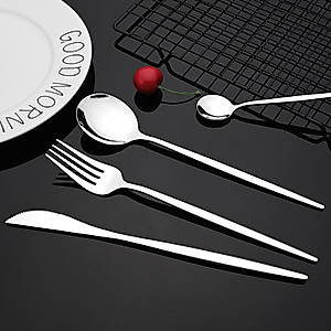 JASHII 24-Piece Stainless Steel Flat Flatware Set for 6, Fork Spoon Knife Set Eating Utensils Tableware with Holder for Kitchens Home and Restaurant, Dishwasher Safe - Shiny Silver