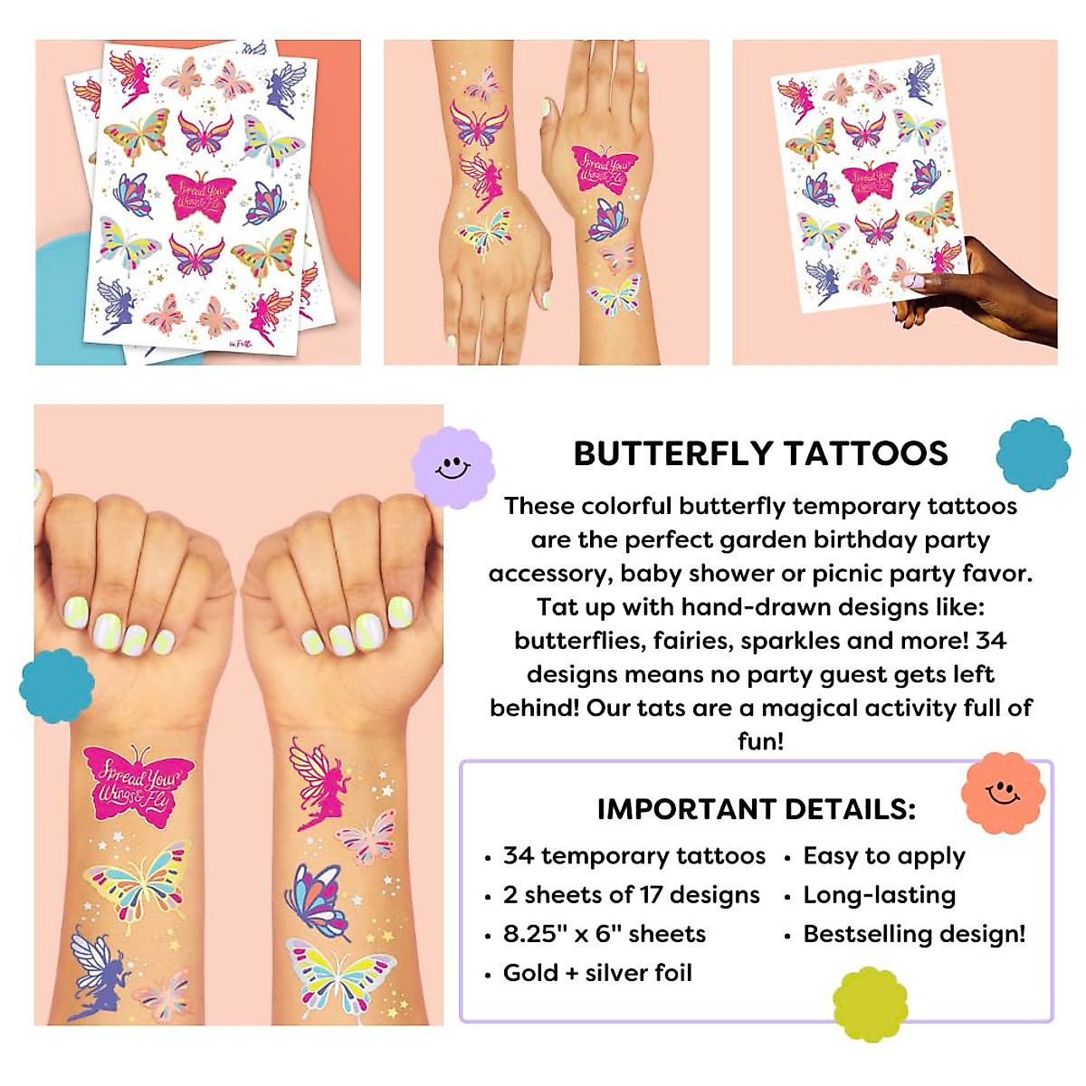 xo, Fetti Butterfly Tattoos for Kids - 34 Glitter styles | Birthday Party Supplies, Butterfly Party Favors + Fairy Decor