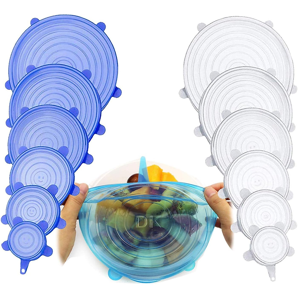 YAZJIWAN Silicone Stretch Lids, Durable & Eco-Friendly Elastic Lids Reusable Heat Resistant Various Sizes Cover for Bowl (Blue+white-12pack)