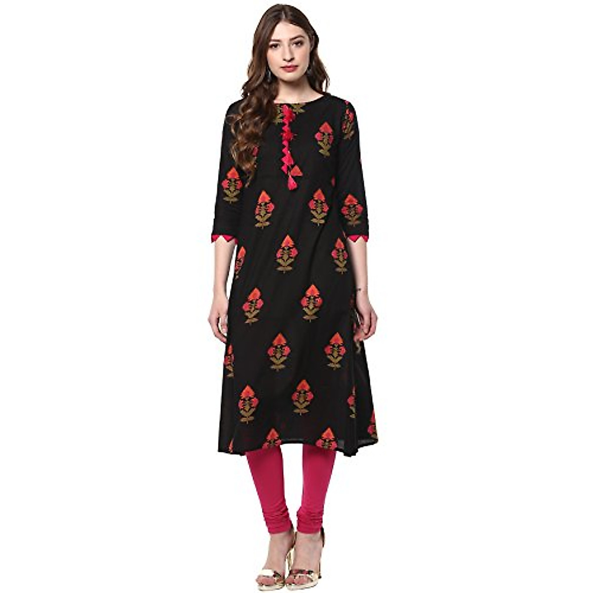 Janasya Indian Women's Tunic Tops Cotton Kurti for Women(JNE2170-KR-436-XXL) Black