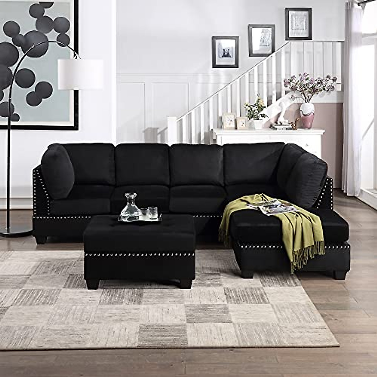DHHU Fine Sectional, Reversible Chaise, L Shaped Couch Sofa with Ottoman for Living Room, Apartment, Office, Gray, Black Funiture Sets