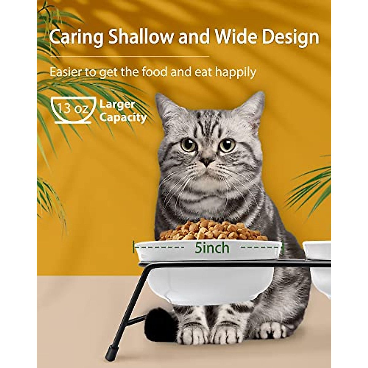 3 Cat Food Bowls Ceramic 13 oz Upgraded with Stainless Steel Stand Non-Slip and Anti-Rust Elevated Raised Cat Bowls for Food and Water, Pet Dishes Bowl for Indoor Cats and Puppy, Dishwasher Safe