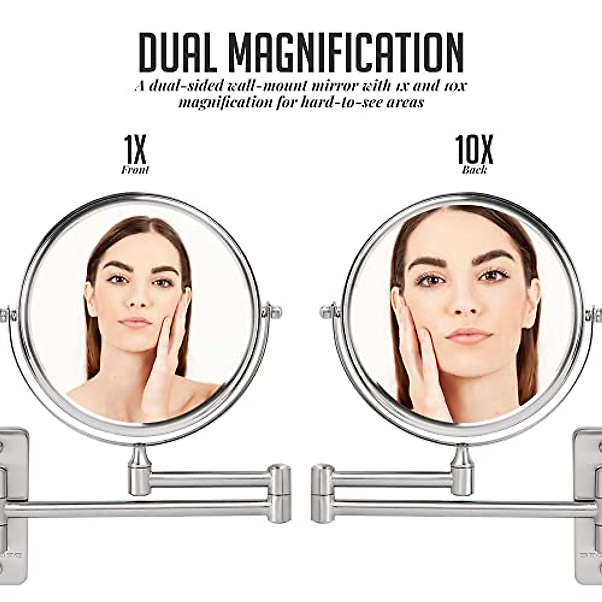 OVENTE 7" Wall Mount Makeup Mirror, 1X & 10X Magnifier, Adjustable Spinning Double Sided Round Reflection, Extend, Retractable & Folding Arm, Bathroom & Vanity Décor, Nickel Brushed MNLFW70BR1X10X