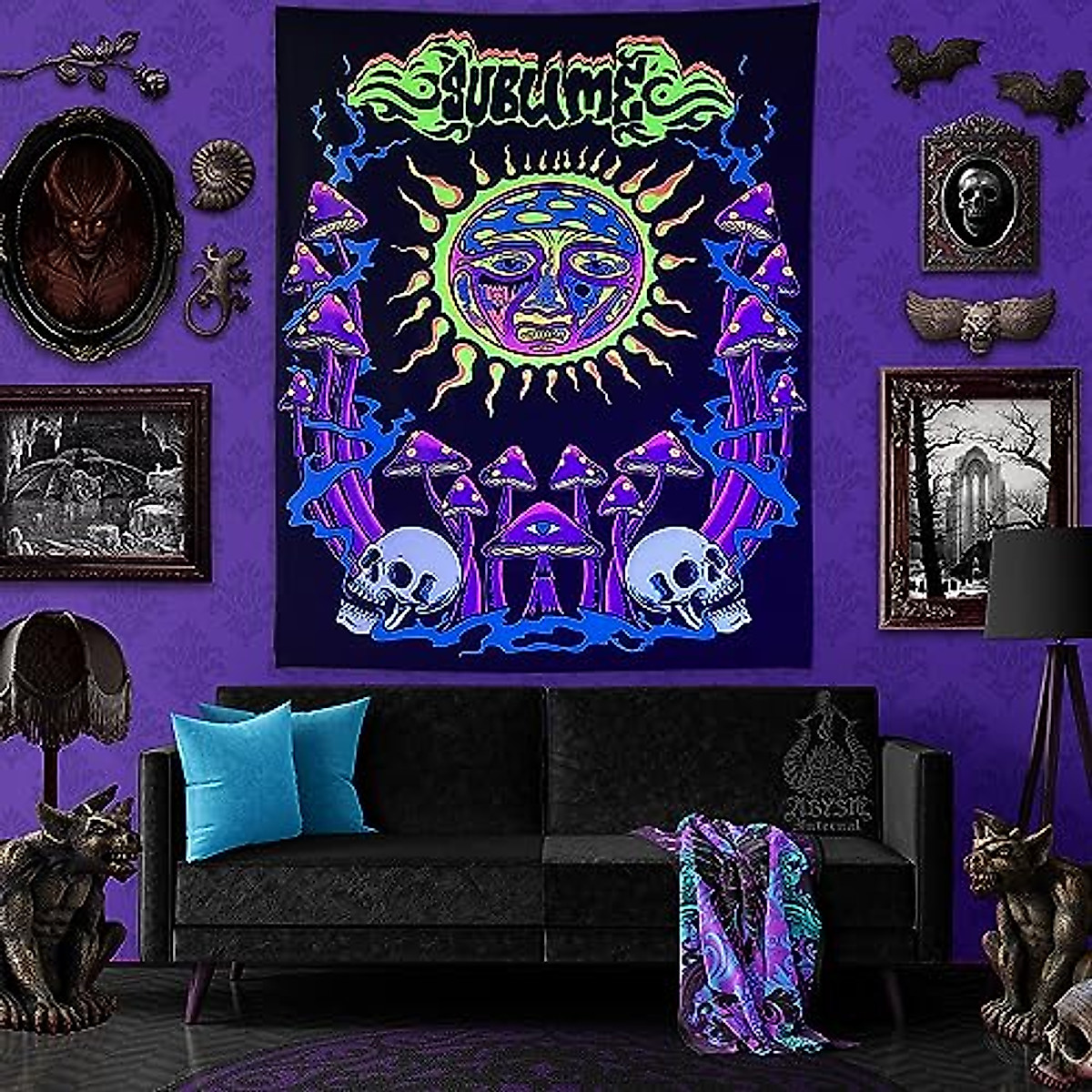 Miytal Blacklight Sun Tapestry, UV Reactive Hippie Aesthetic Mushroom Poster, Skull Vertical Glow in The Dark Tapestry for Bedroom - 44" x 59"