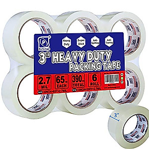 PERFECTAPE 3" Heavy Duty Packing Tape 6 Rolls, Total 390Y, Clear, 2.7 mil, 3 inch x 65 Yards, Ultra Strong, Refill for Packaging and Shipping