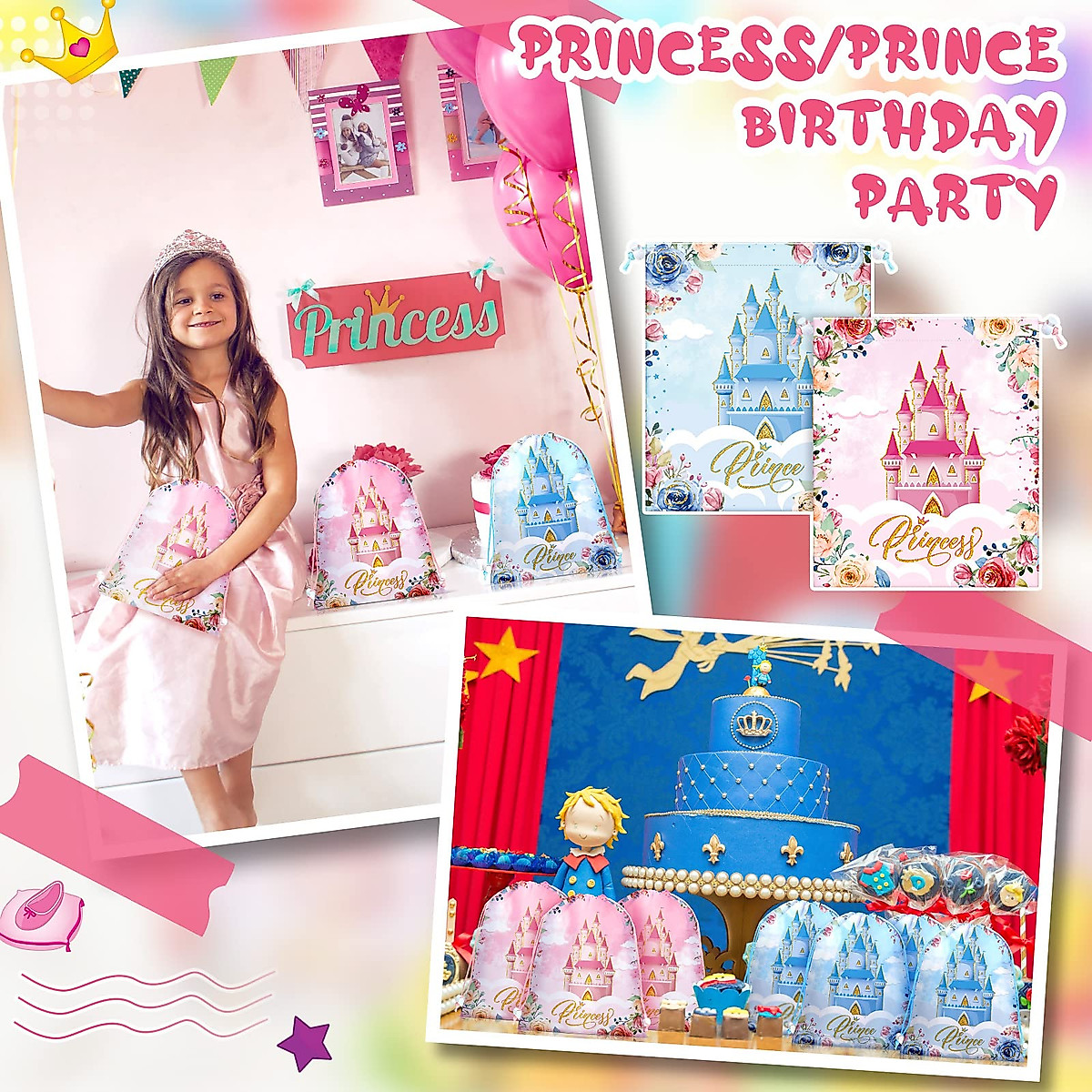 Riakrum 24 Pcs Prince Princess Party Favor Bags Pink Blue Drawstring Princess Goodie Bags Floral Castle Prince Princess Gift Bags Candy Bags for Birthday Baby Shower Decoration Supplies 11.8 x 9.8''