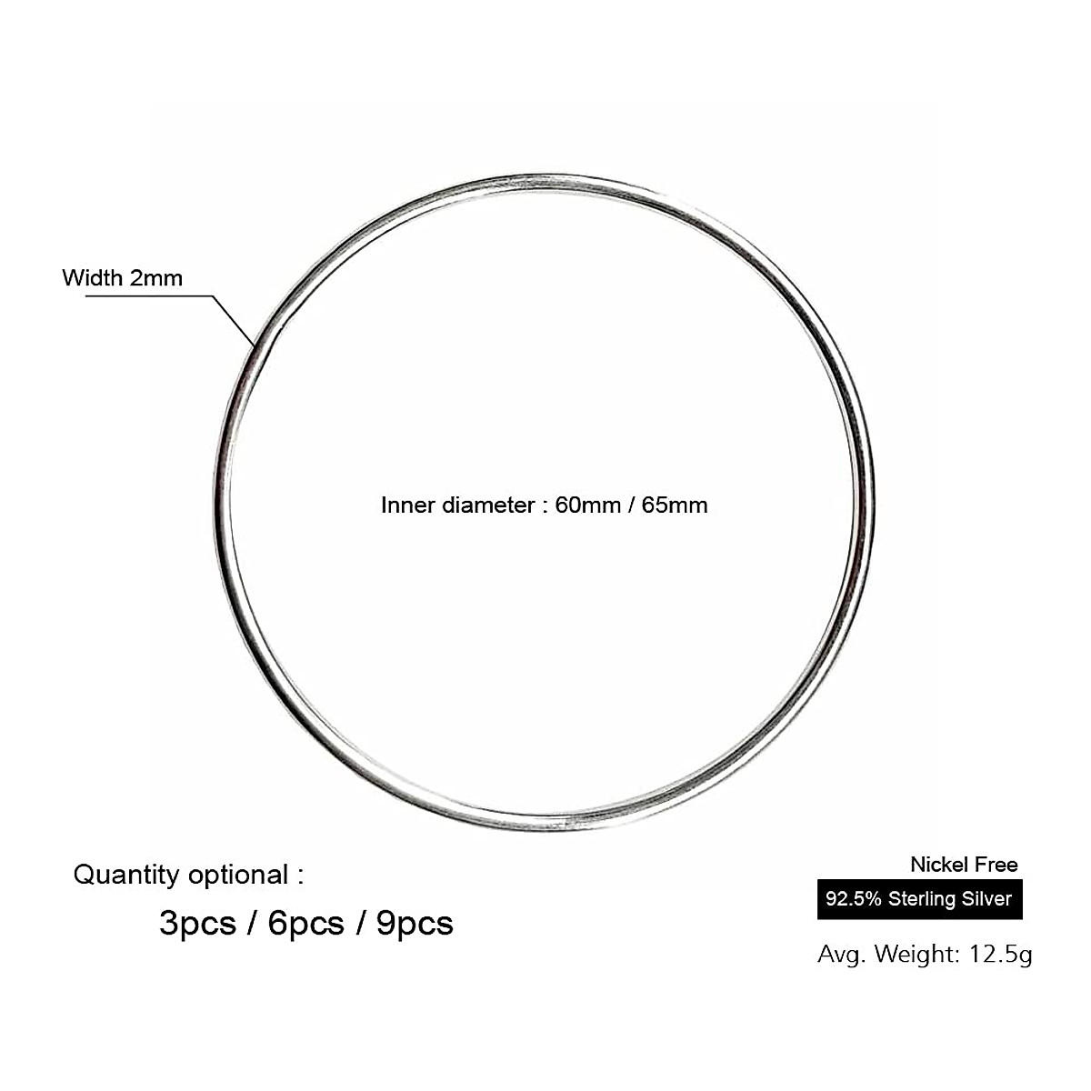 Meilanduo Solid 925 Sterling Silver 2MM Simple Plain Polished Round Circle Bangle Bracelets for Women (6x 60mm round circle bangle)