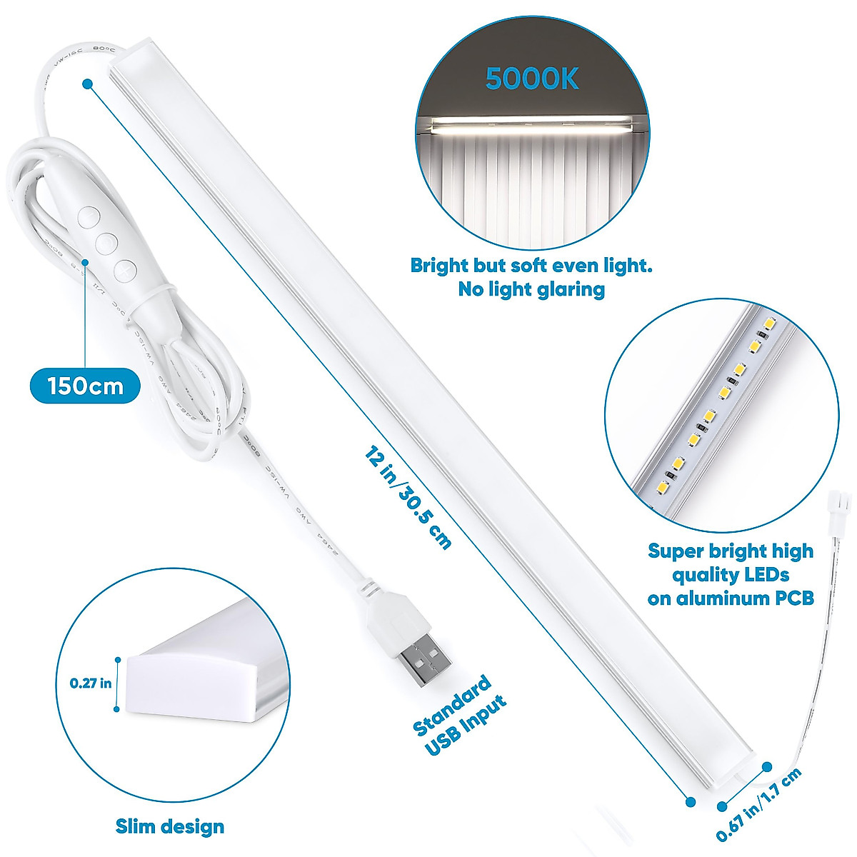 Litever Plug Under Cabinet Light Kit with Power Adapter, Dimmer, 2 pcs 12 Inch USB LED Light Bars. Dimmable Linkable for Kitchen Counter, Workbench, Coffee Station, Workspace, Closet. Daylight 5000K