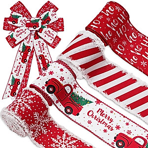 AnyDesign 24 Yards Christmas Wired Edge Ribbon Red White Xmas Snowflake Truck Fabric Craft Ribbon for Wreath Bow Making Gift Wrapping, 4 Roll