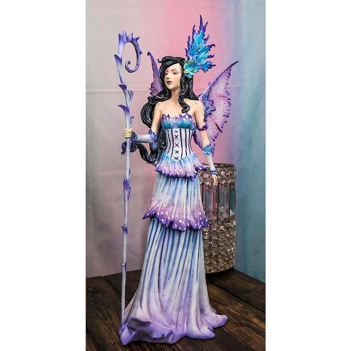 Ebros Large Amy Brown Spring Season Purple Lavender Fairy Holding Curling Magical Staff Statue 17.75" Tall Fantasy Mythical Faery Garden Magic Collectible Figurine Fairies Pixies Nymphs Decor