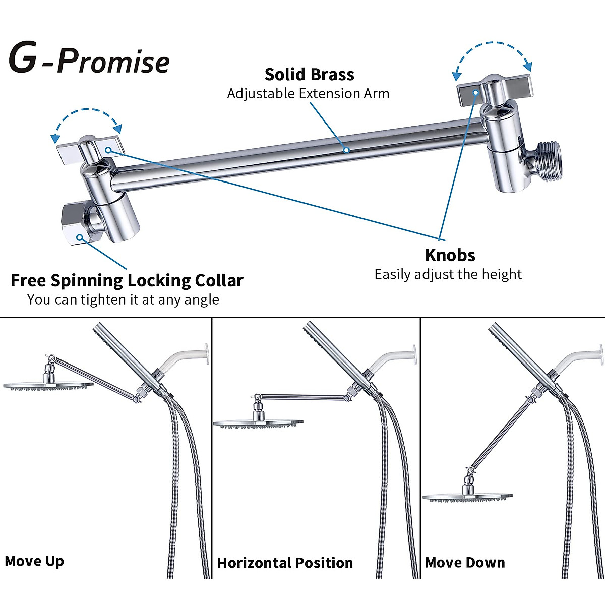 G-Promise All Metal Dual Shower Head Combo | 8" Rainfall Shower Head, Handheld Shower Wand | Smooth 3-way Diverter | with Adjustable Extender - An Upgrade of Shower Experience (Polished Chrome)