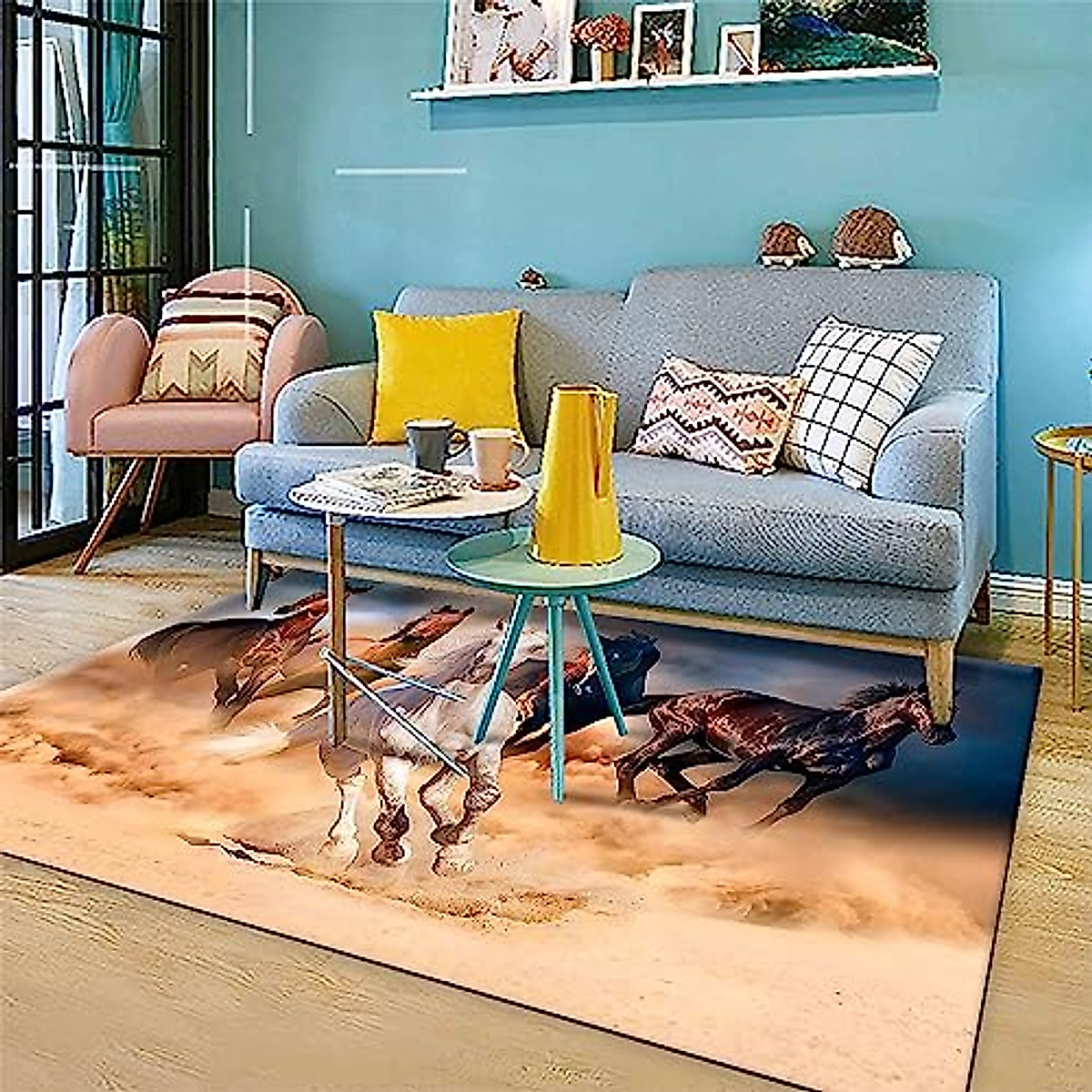 Horses Running Area Rugs, 5x7ft, Large Herd of Horses Running in Desert Living Room Decorative Carpet, Five White and Brown Horses, for Living Room Bedroom Sofa