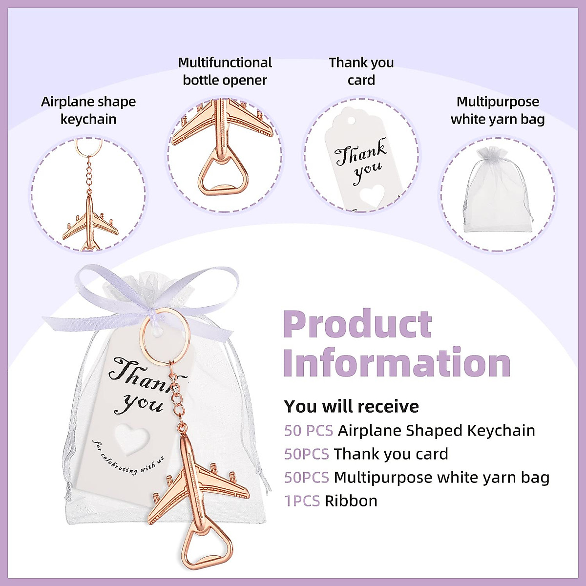 Winocbxt 50PCS AirplaneRose Gold Bottle Opener Keychains for Wedding or Bridla Shower Favors, Gifts, Souvenirs to Guests Bluk